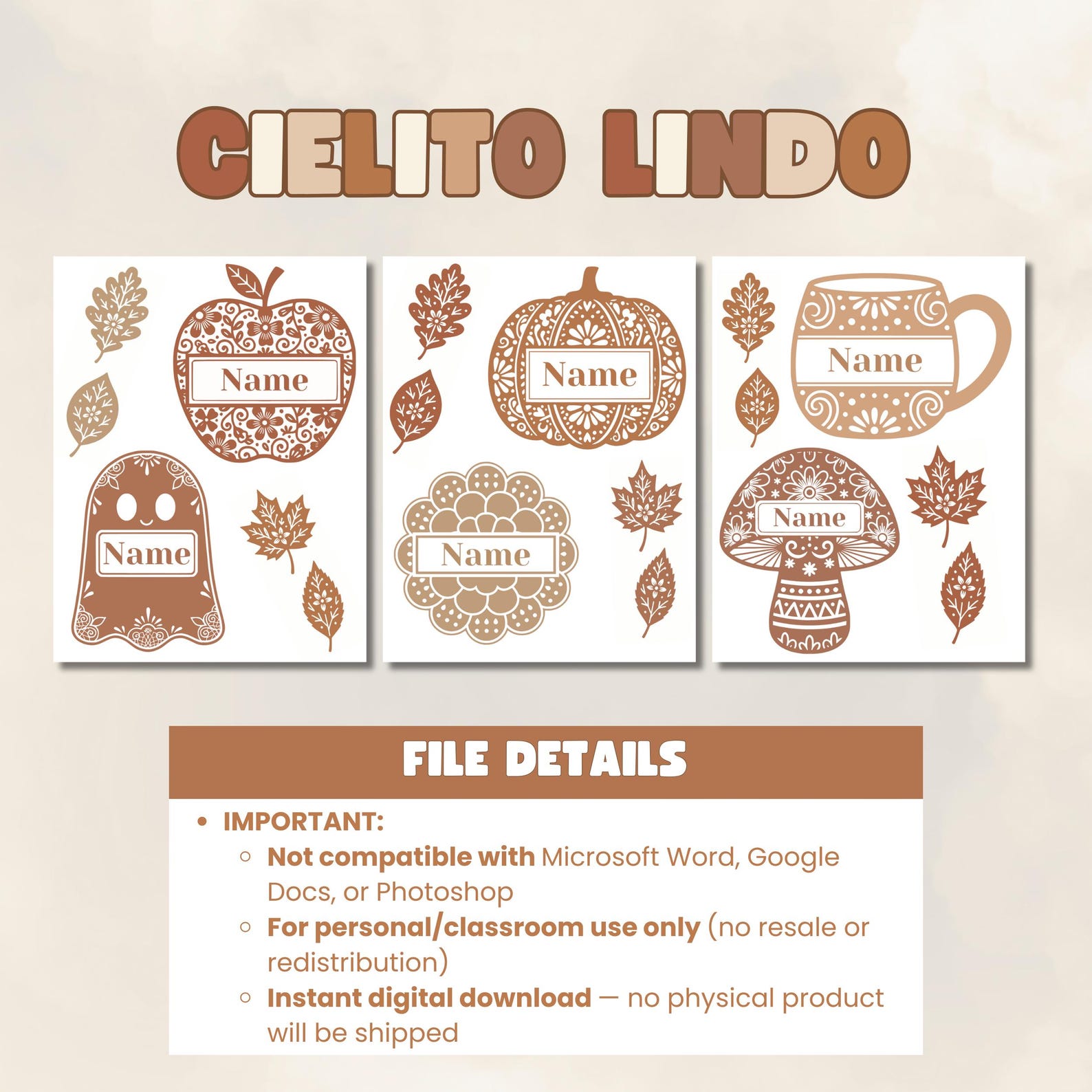 Editable Fall Name Tags Cielito Lindo Talavera Style | Pumpkin Ghost ...