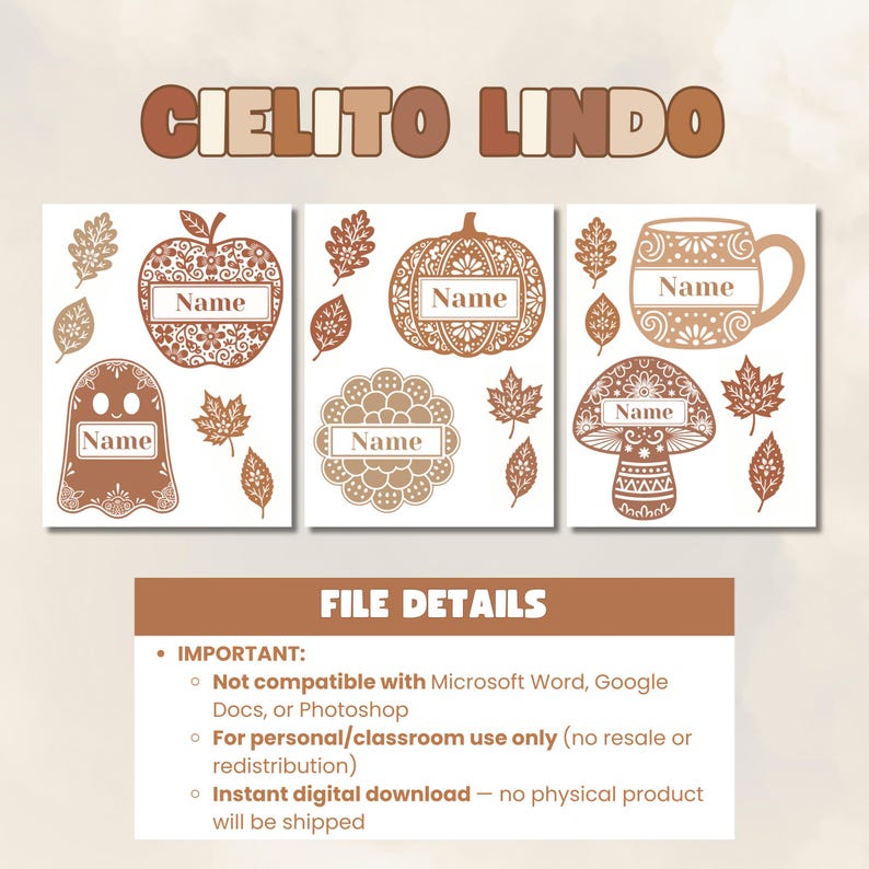 Editable Fall Name Tags Cielito Lindo Talavera Style | Pumpkin Ghost ...