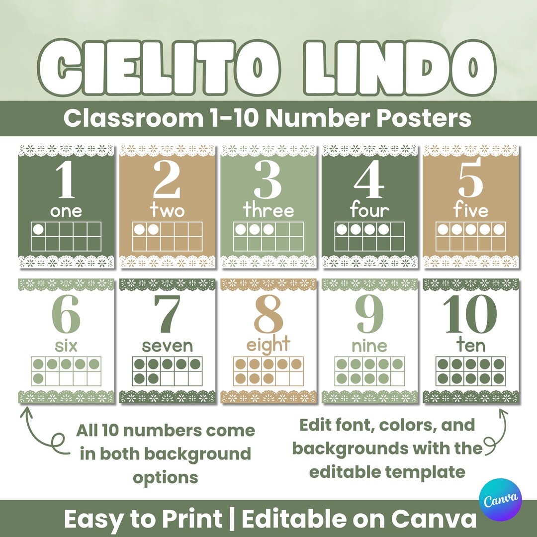 Cielito Lindo 1 to 10 Number Posters Editable Canva Template Green ...