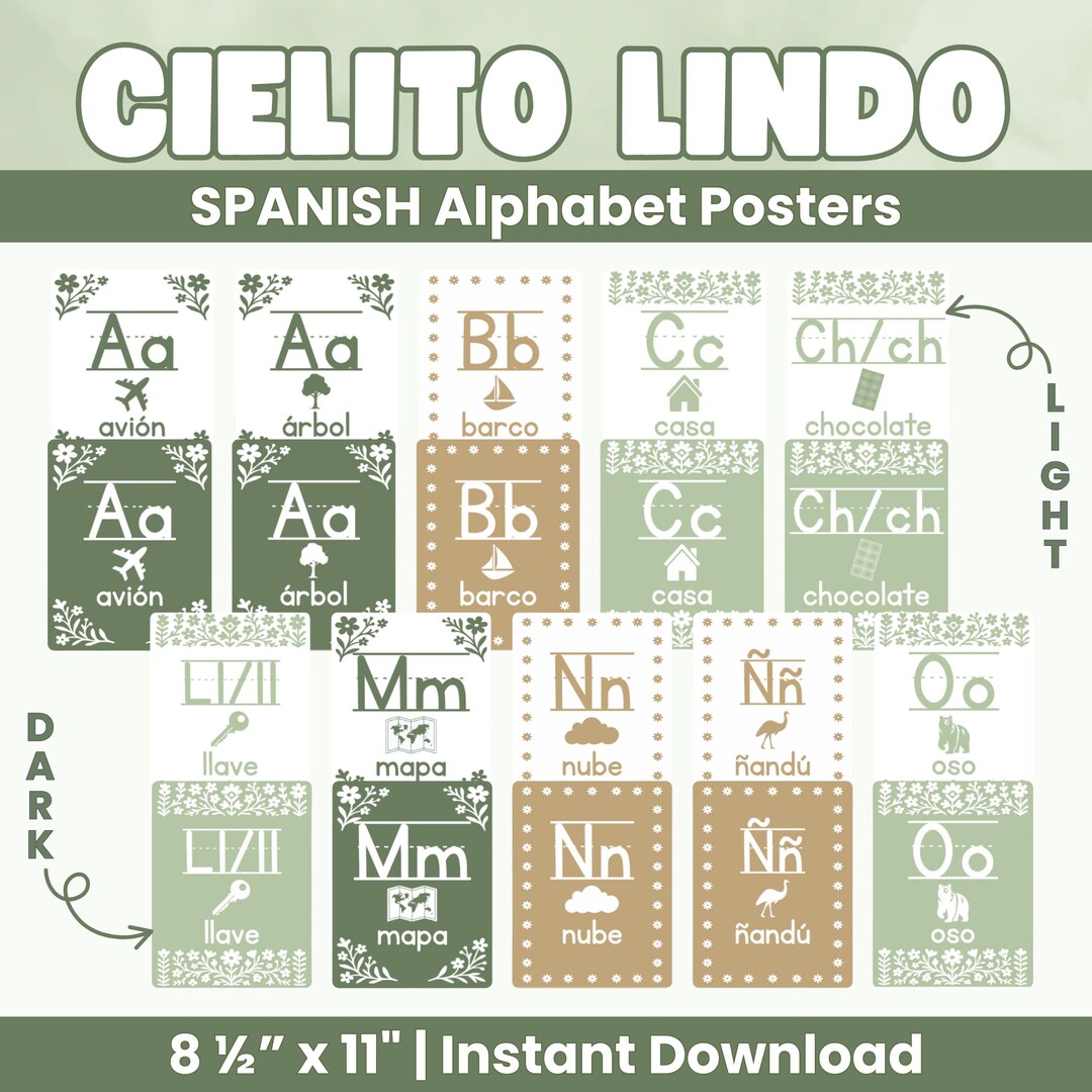 Spanish Alphabet Posters Sage Green Set Cielito Lindo ABC Decor ...