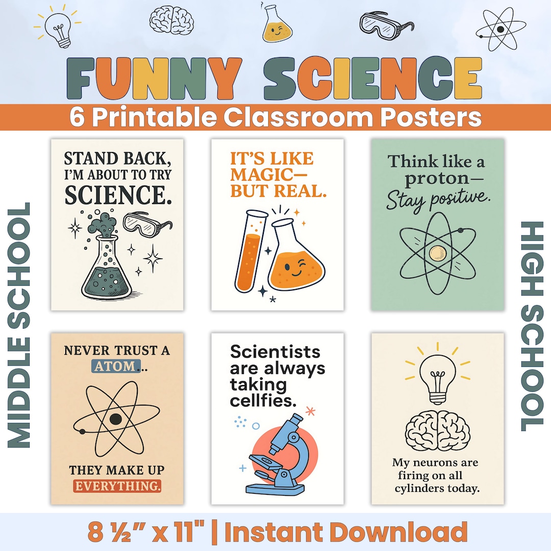 Funny Science Classroom Posters Set of 6 Printable STEM Wall Art Middle ...