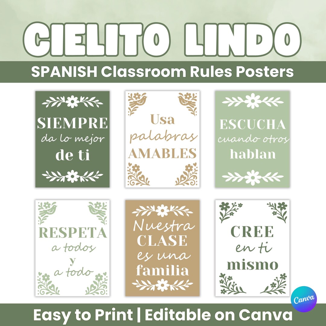 Spanish Green Cielito Lindo Classroom Rules Posters Editable Canva ...