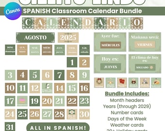 Editable Spanish Classroom Calendar Bundle Cielito Lindo Theme Sage ...
