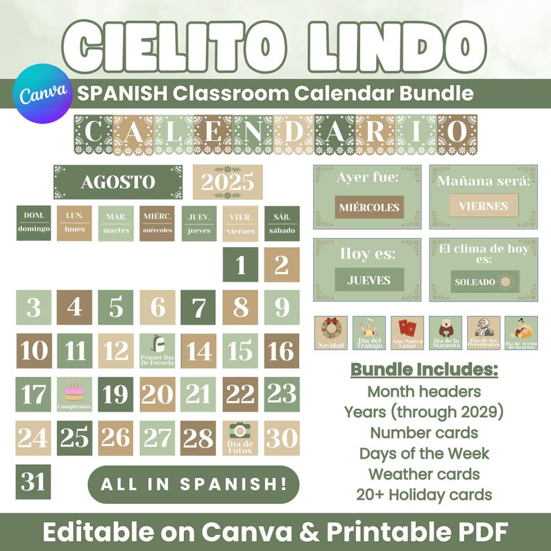 Editable Spanish Classroom Calendar Bundle Cielito Lindo Theme Sage ...