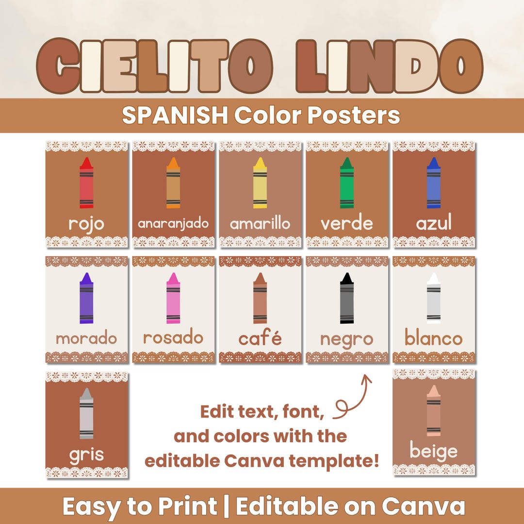 Spanish Color Posters Neutral Cielito Lindo Theme Crayon Style Editable ...