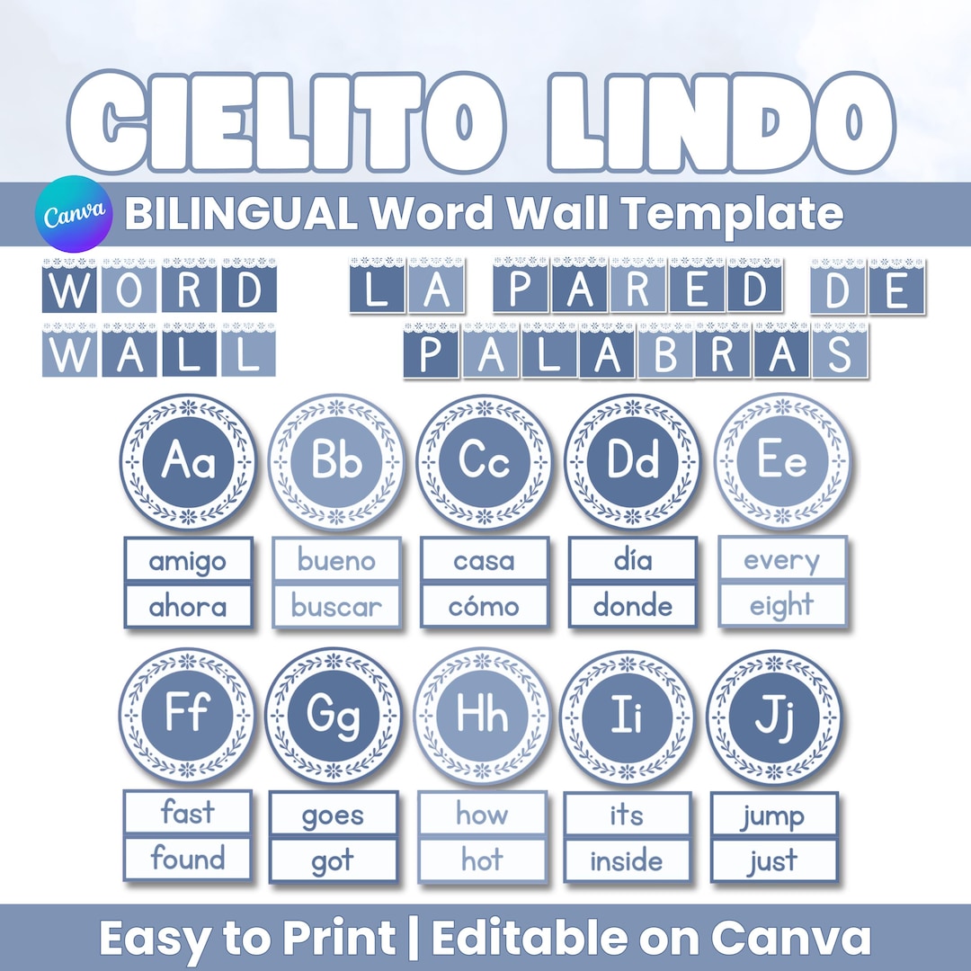 Editable Bilingual Word Wall Blue Cielito Lindo Theme English and ...