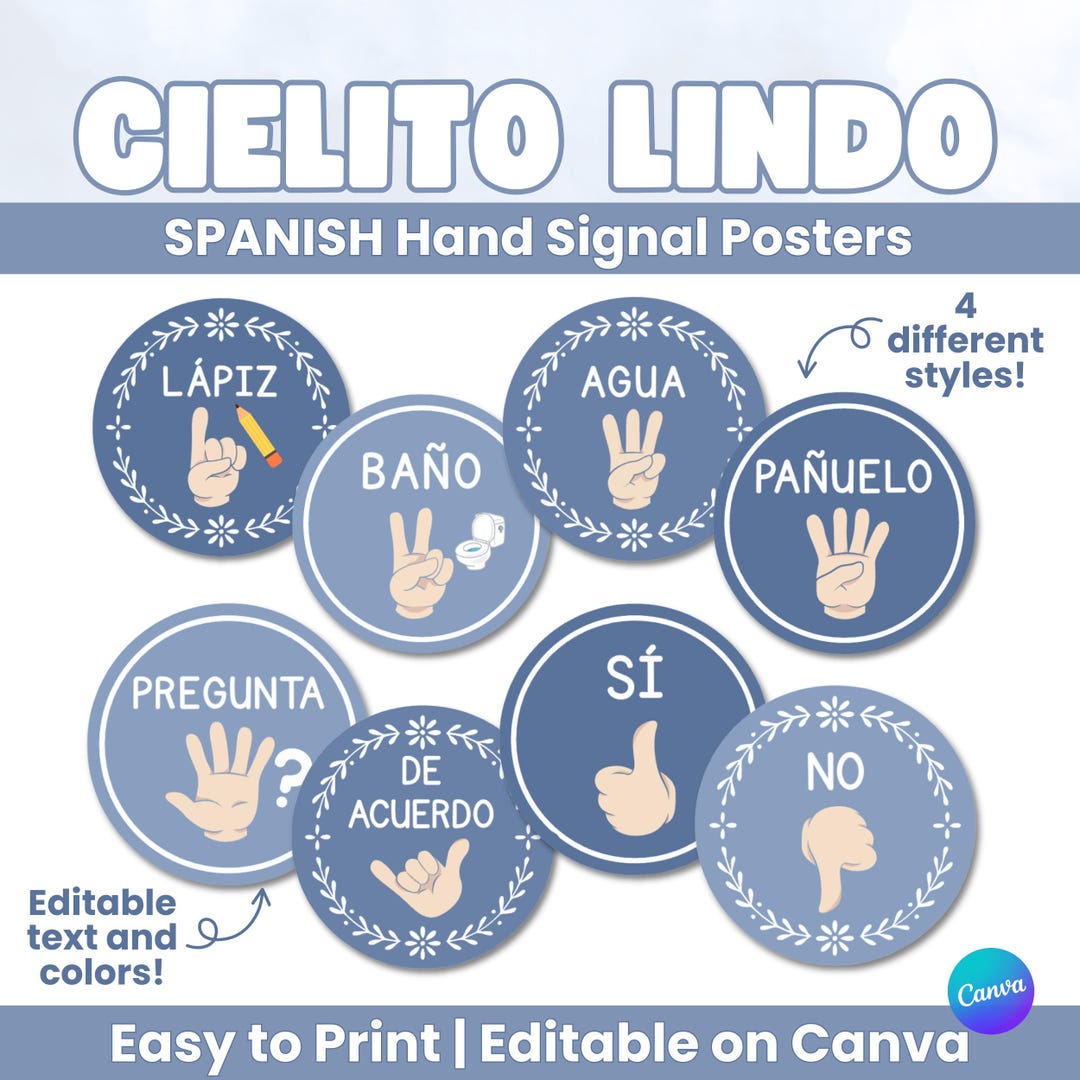 Spanish Classroom Hand Signals Posters Blue Cielito Lindo Theme Hand ...