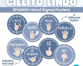 Spanish Classroom Hand Signals Posters Blue Cielito Lindo Theme Hand ...