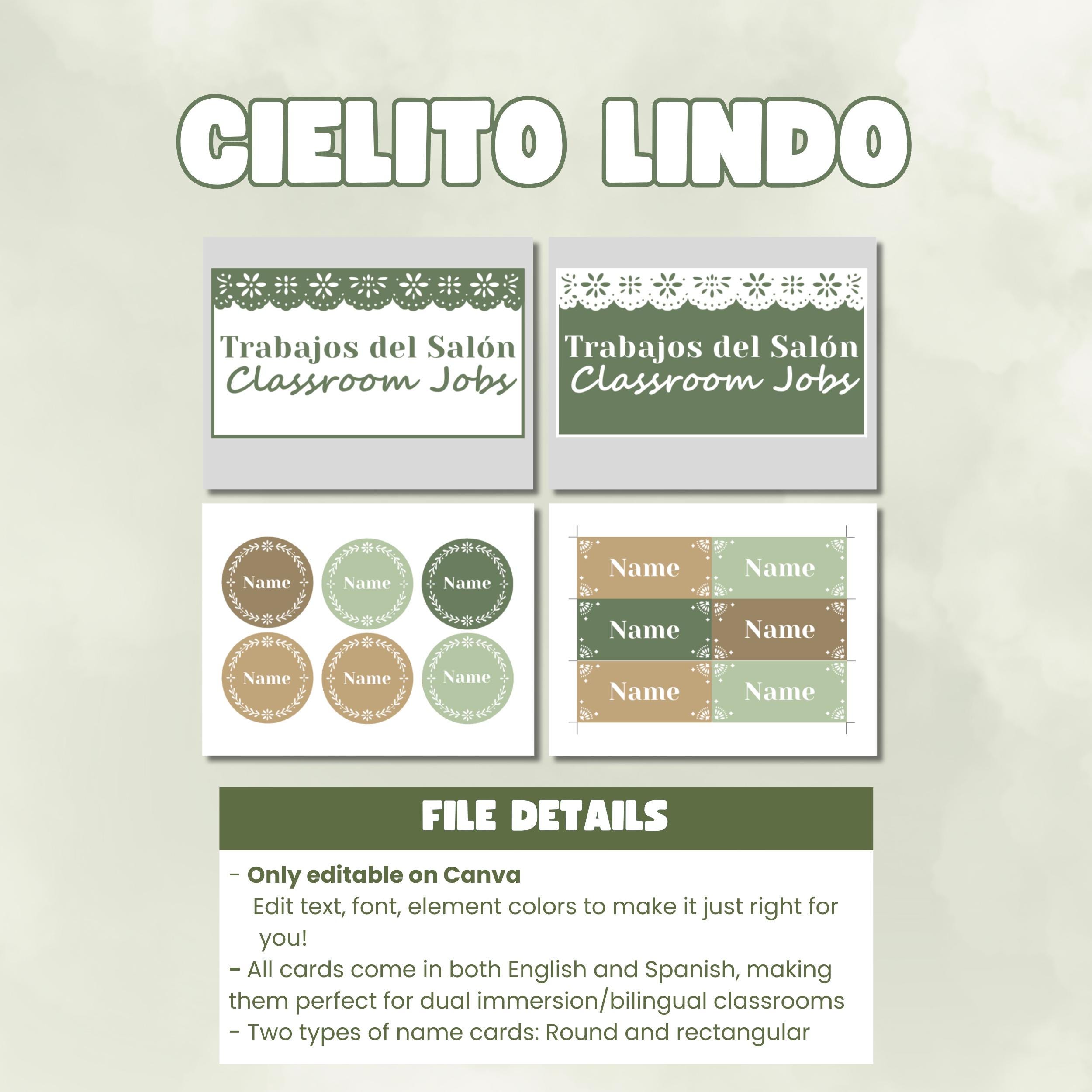 Bilingual Green Cielito Lindo Classroom Jobs | Spanish English Editable ...