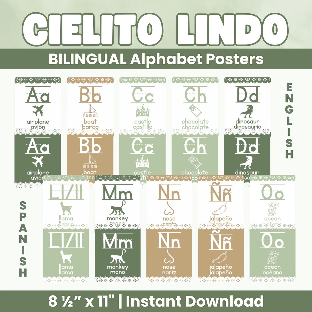 Bilingual Classroom Alphabet Posters PDF Green Cielito Lindo Style ...
