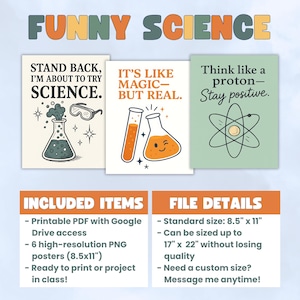 Funny Science Classroom Posters Set of 6 Printable STEM Wall Art Middle ...