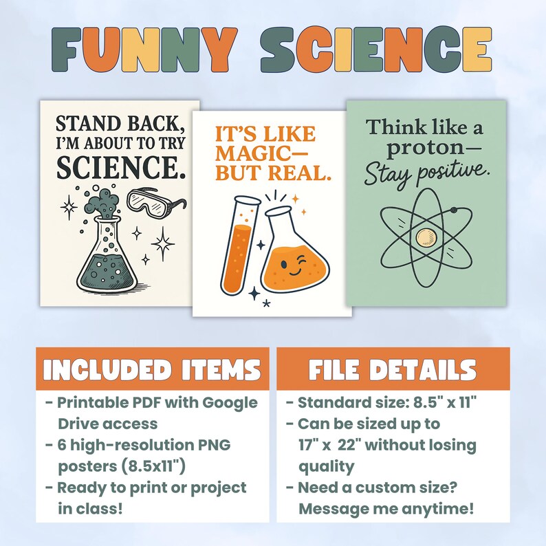 Funny Science Classroom Posters Set of 6 Printable STEM Wall Art Middle ...