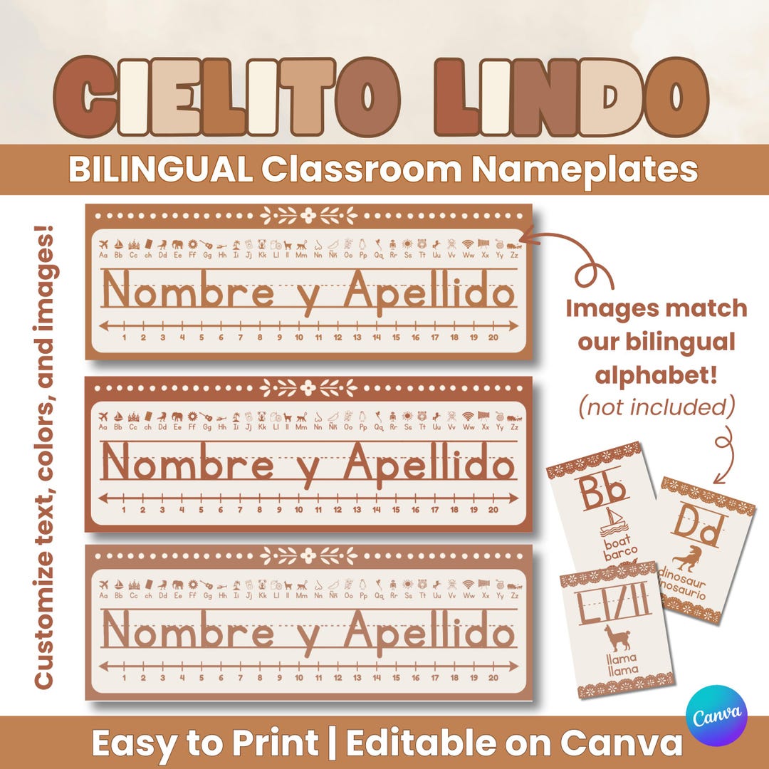 Bilingual Neutral Cielito Lindo Nameplates Editable Classroom Desk Tags ...