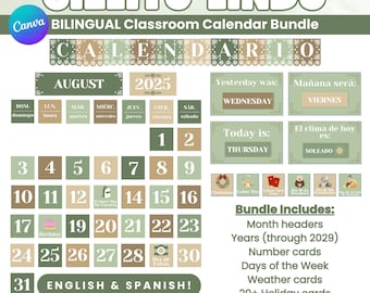 Bilingual Classroom Calendar Sage Green Neutral Cielito Lindo Theme ...