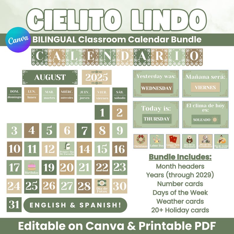 Bilingual Classroom Calendar Sage Green Neutral Cielito Lindo Theme ...