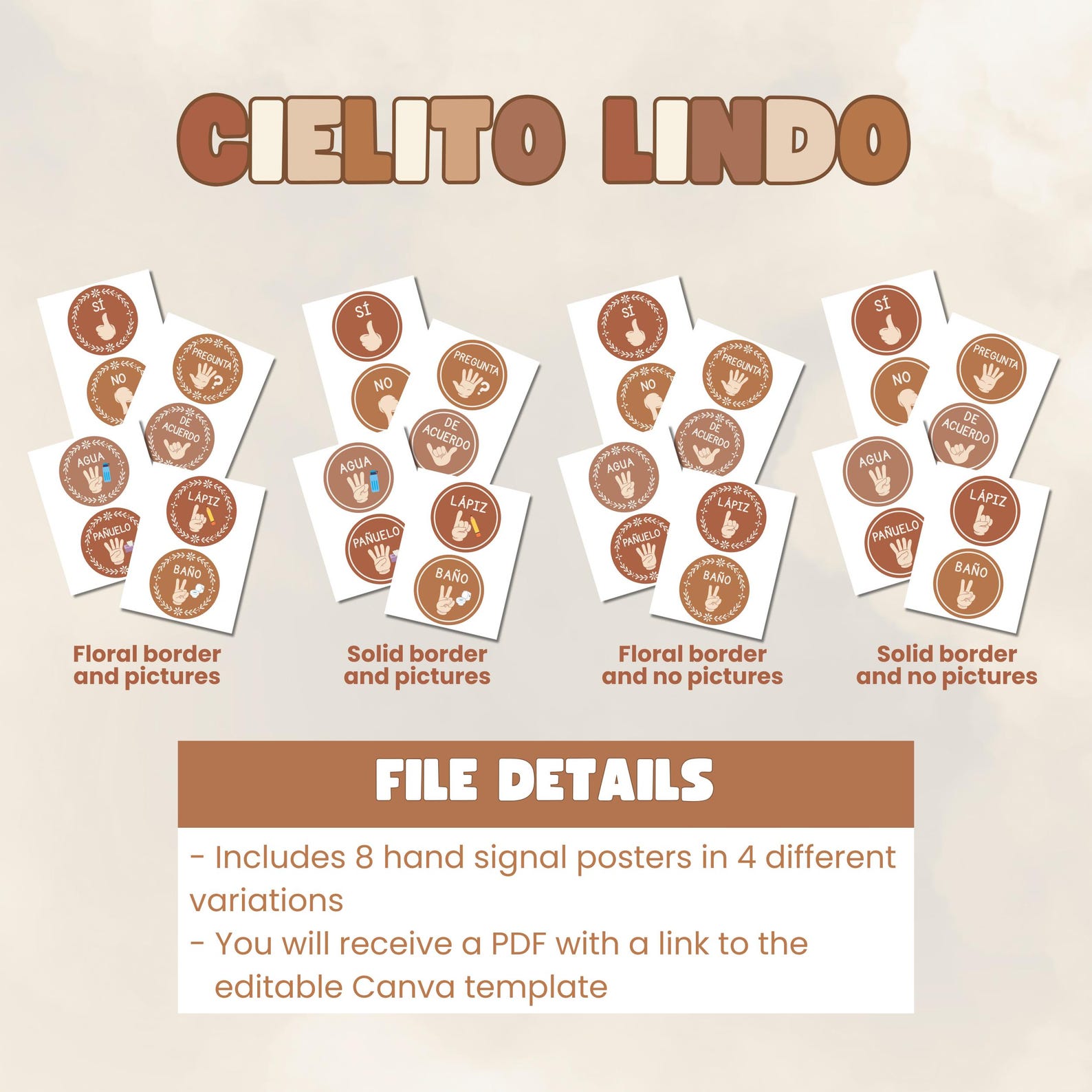 Spanish Classroom Hand Signals Posters Cielito Lindo Theme Hand Signal ...