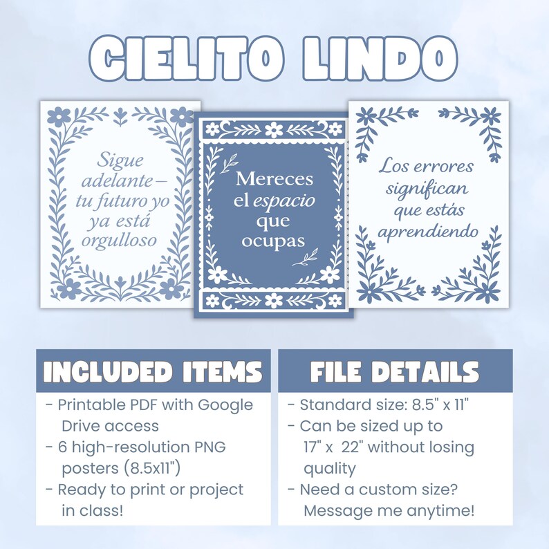Blue Cielito Lindo Spanish Classroom Decor Printable Posters Set of 6 ...