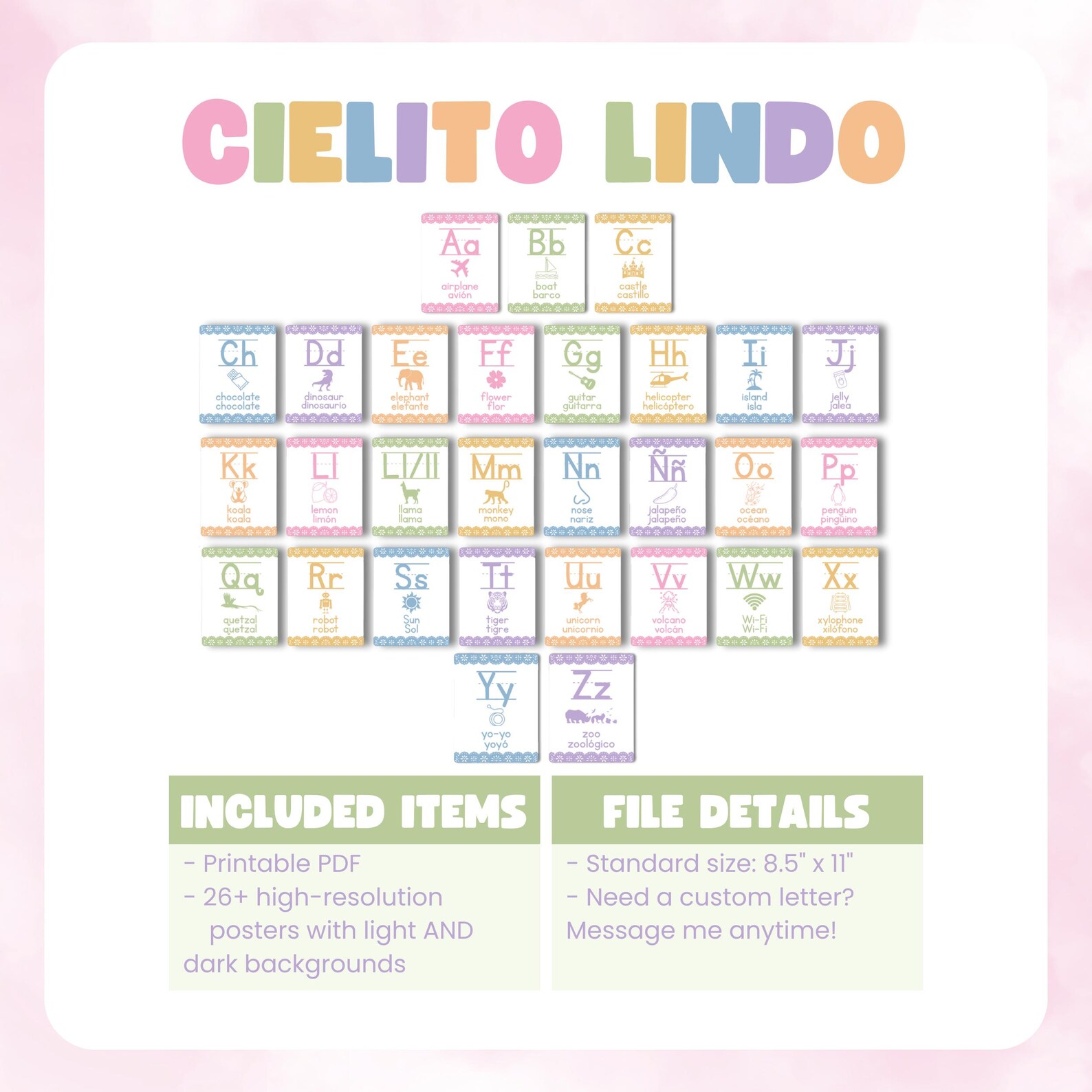 Cielito Lindo Bilingual Alphabet Posters Pastel Rainbow Classroom Decor ...