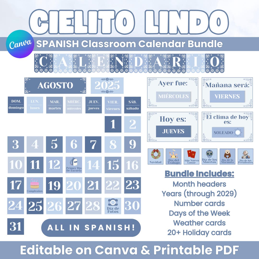 Editable Spanish Classroom Calendar Blue Cielito Lindo Theme Canva ...