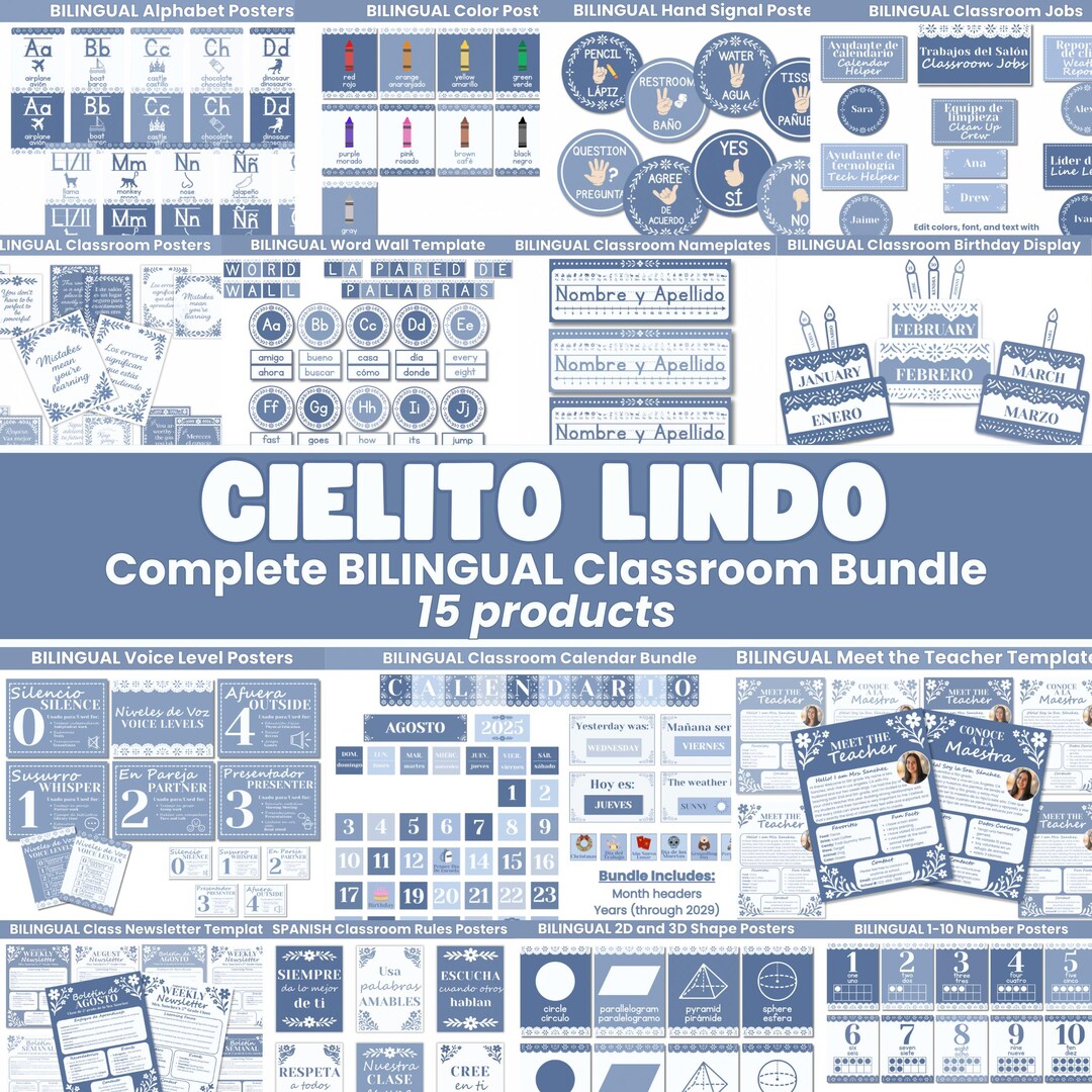 Bilingual Blue Classroom Decor Bundle Cielito Lindo Style Editable ...