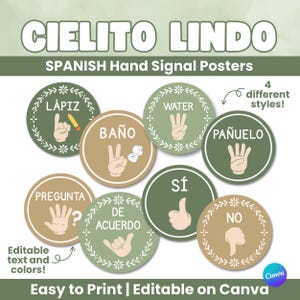 Spanish Classroom Hand Signals Posters Green Cielito Lindo Theme Hand ...