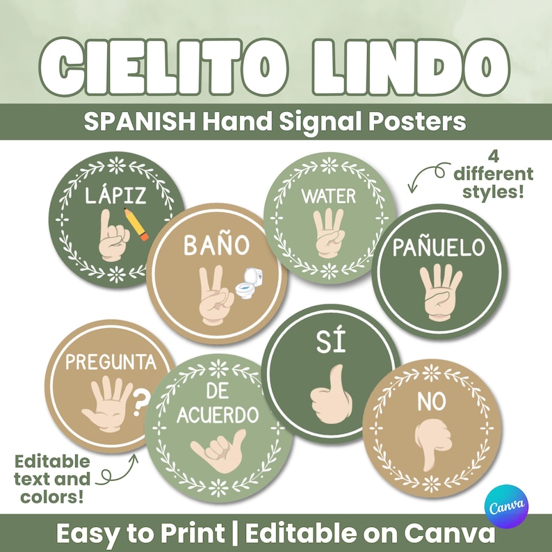 Spanish Classroom Hand Signals Posters Green Cielito Lindo Theme Hand ...