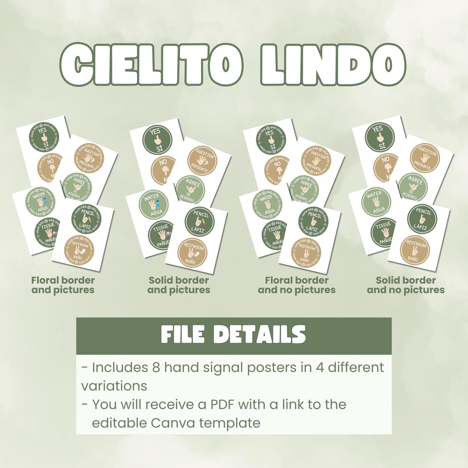Bilingual Classroom Hand Signal Posters Green Cielito Lindo Theme ...