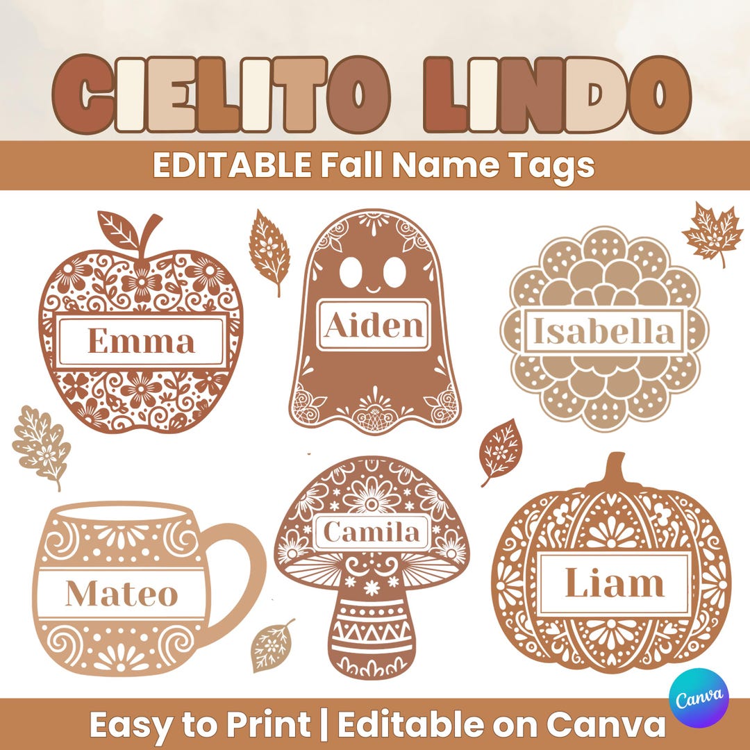 Editable Fall Name Tags Cielito Lindo Talavera Style | Pumpkin Ghost ...