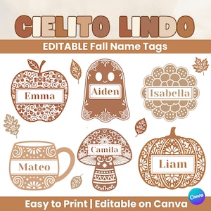 Editable Fall Name Tags Cielito Lindo Talavera Style | Pumpkin Ghost ...