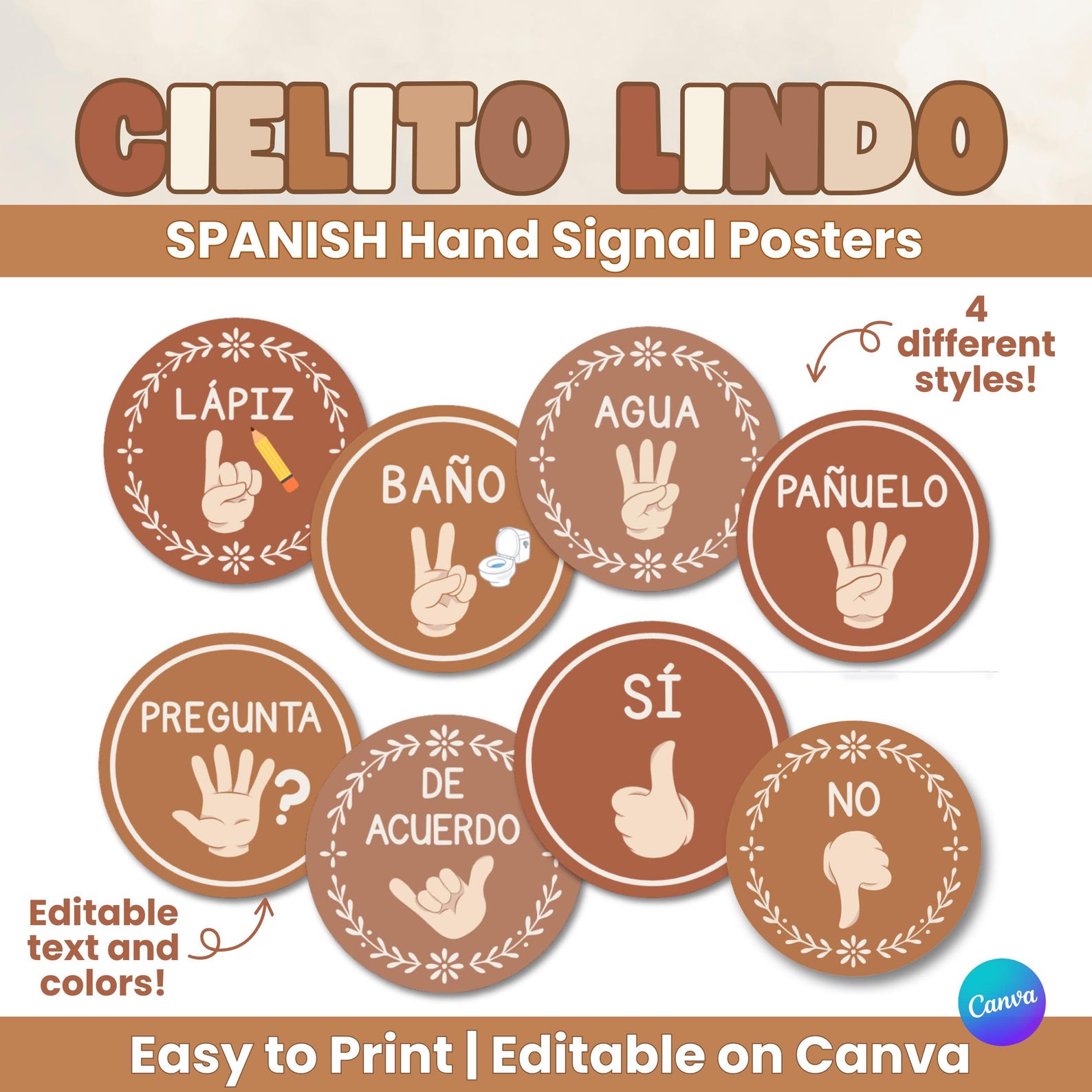 Spanish Classroom Hand Signals Posters Cielito Lindo Theme Hand Signal ...