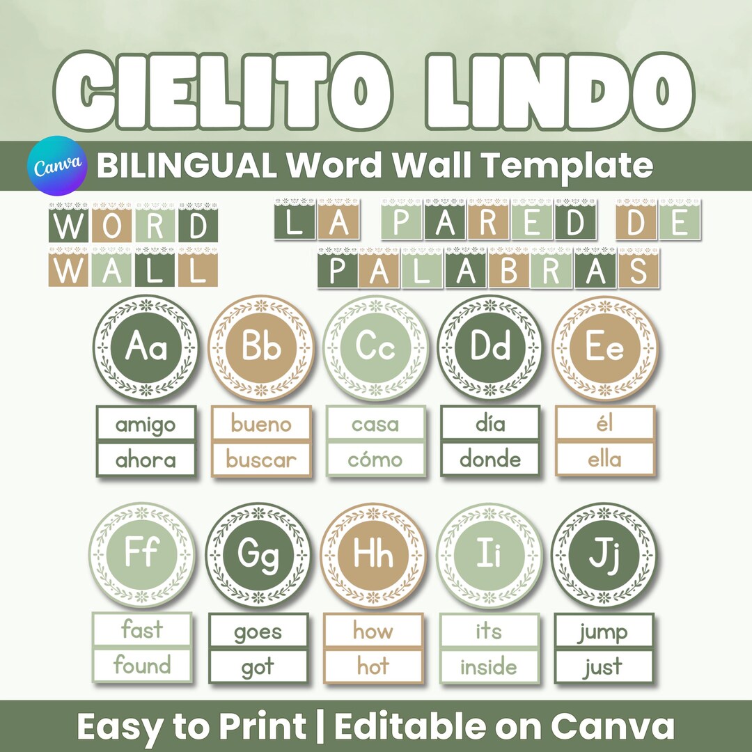 Editable Bilingual Word Wall Green Neutrals Cielito Lindo Theme English ...
