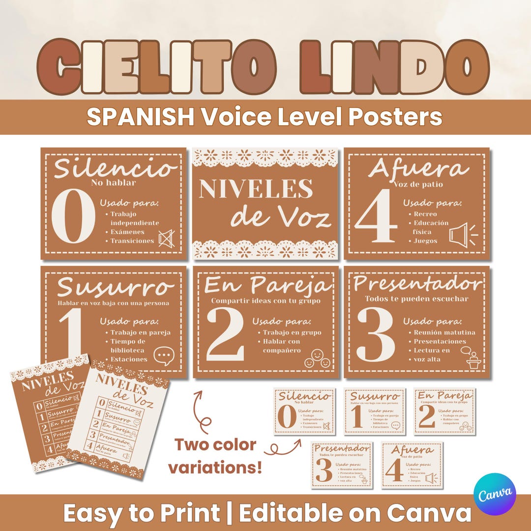 Spanish Voice Level Posters Neutral Cielito Lindo Editable Canva ...