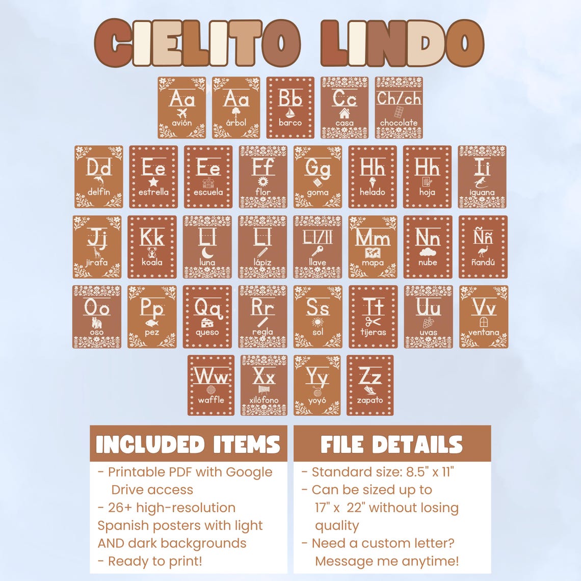 Cielito Lindo Spanish Alphabet Posters Neutral Terracotta Set Hispanic ...