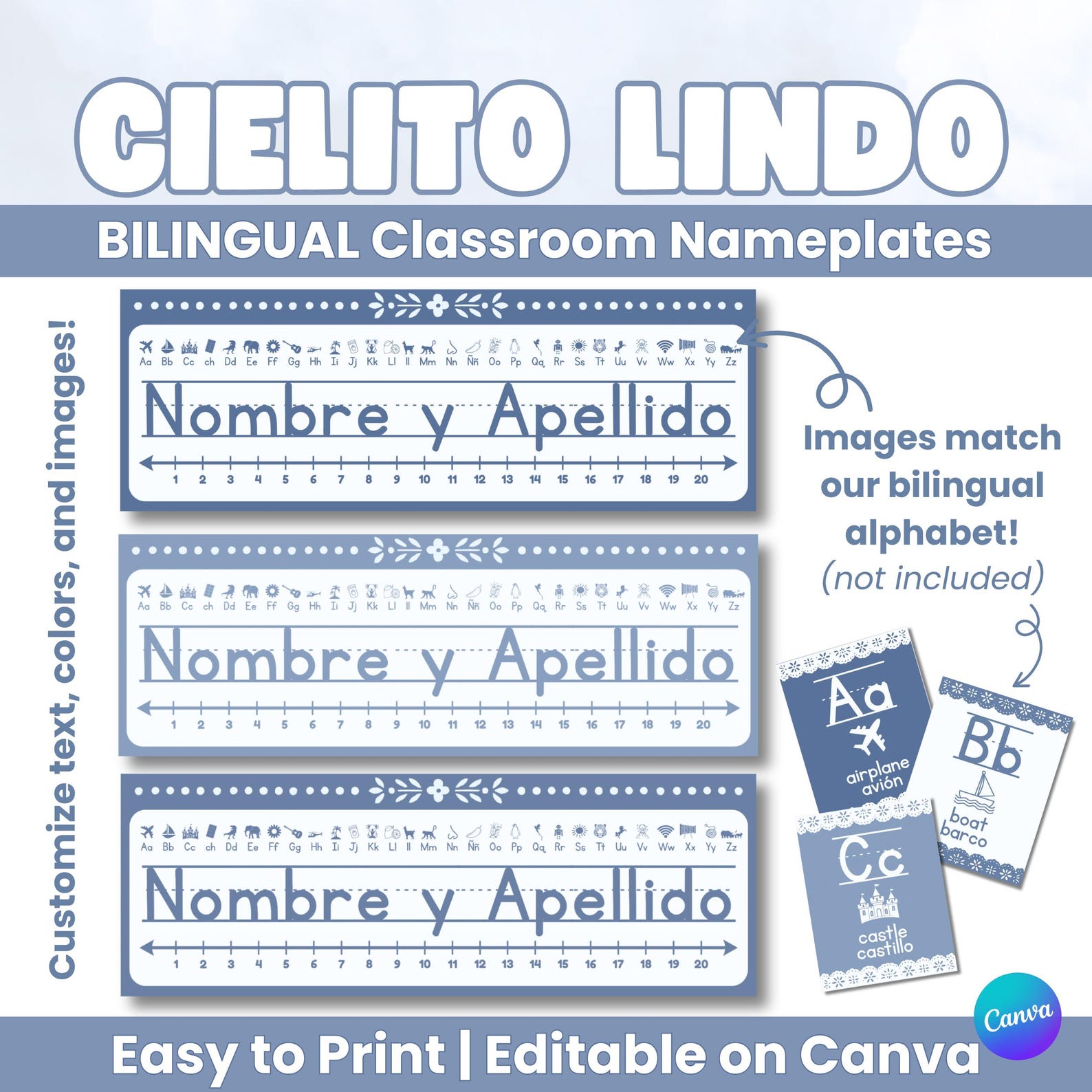Editable Bilingual Classroom Nameplates Blue Cielito Lindo Style ...