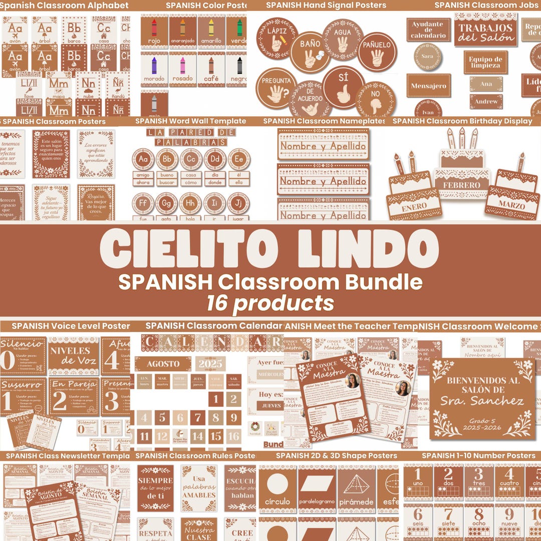 Cielito Lindo Spanish Classroom Decor Bundle Neutral Theme Editable PDF ...