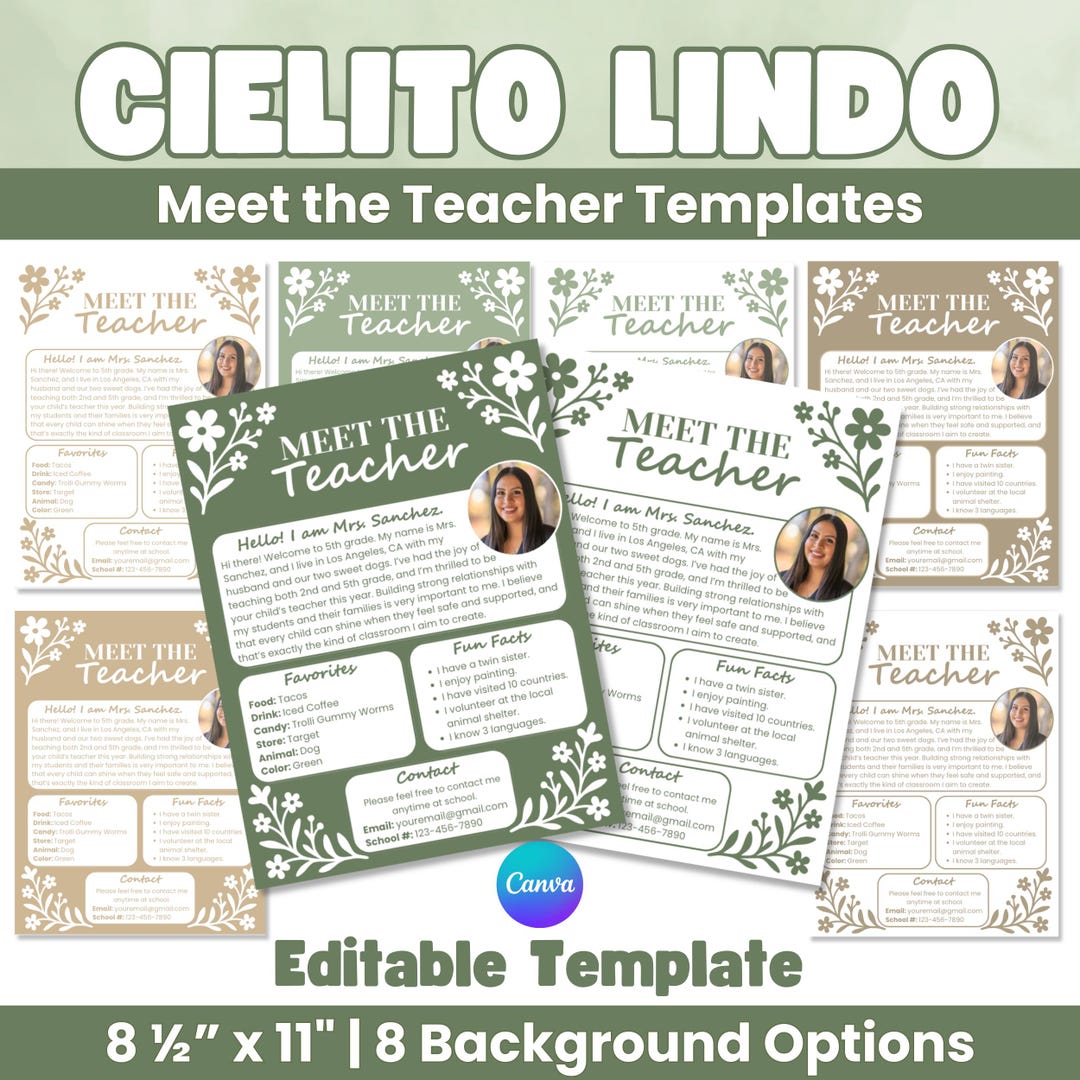 Editable Meet the Teacher Canva Template Cielito Lindo Style Sage Green ...