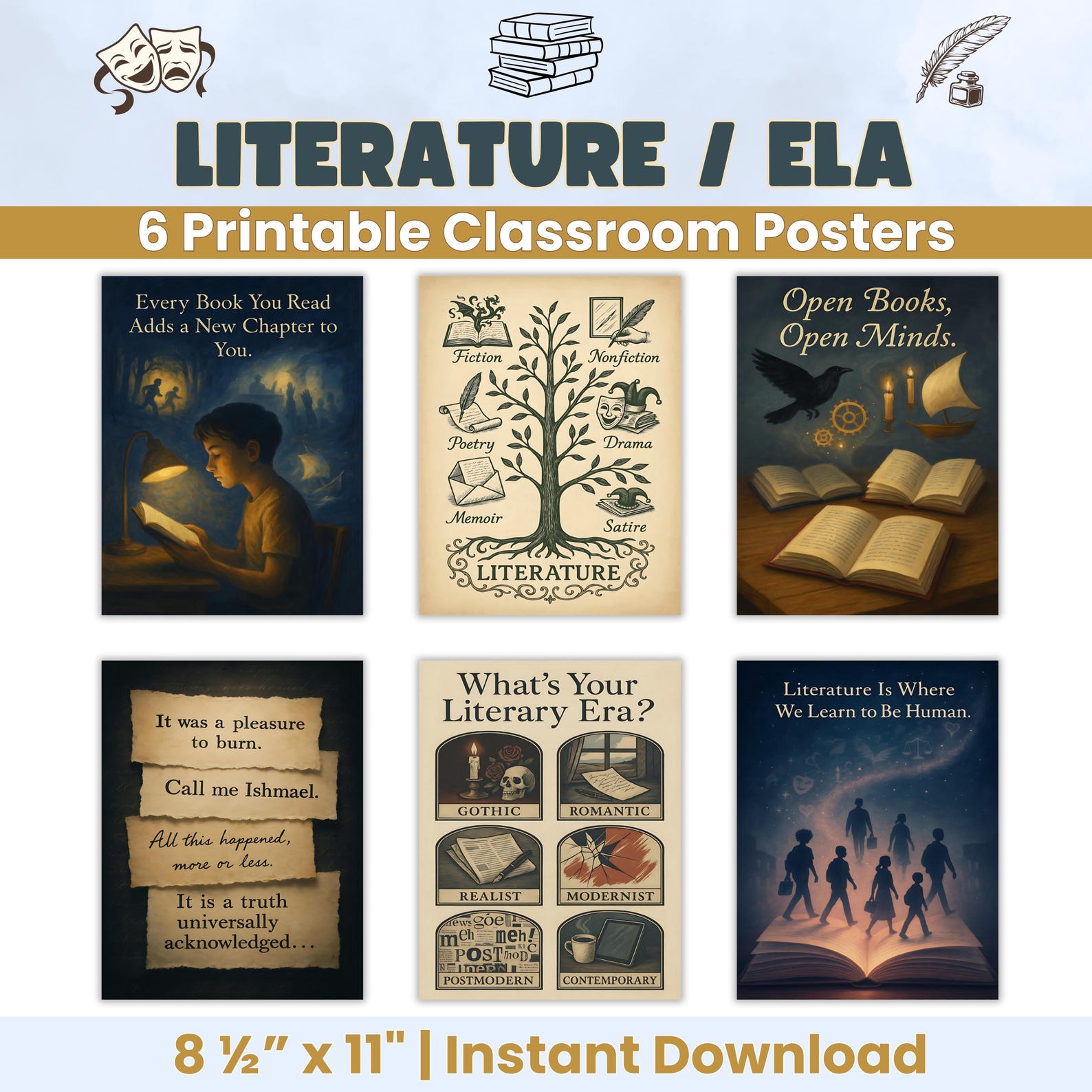 Literature Classroom Posters Printable Set Gift English Teachers ...