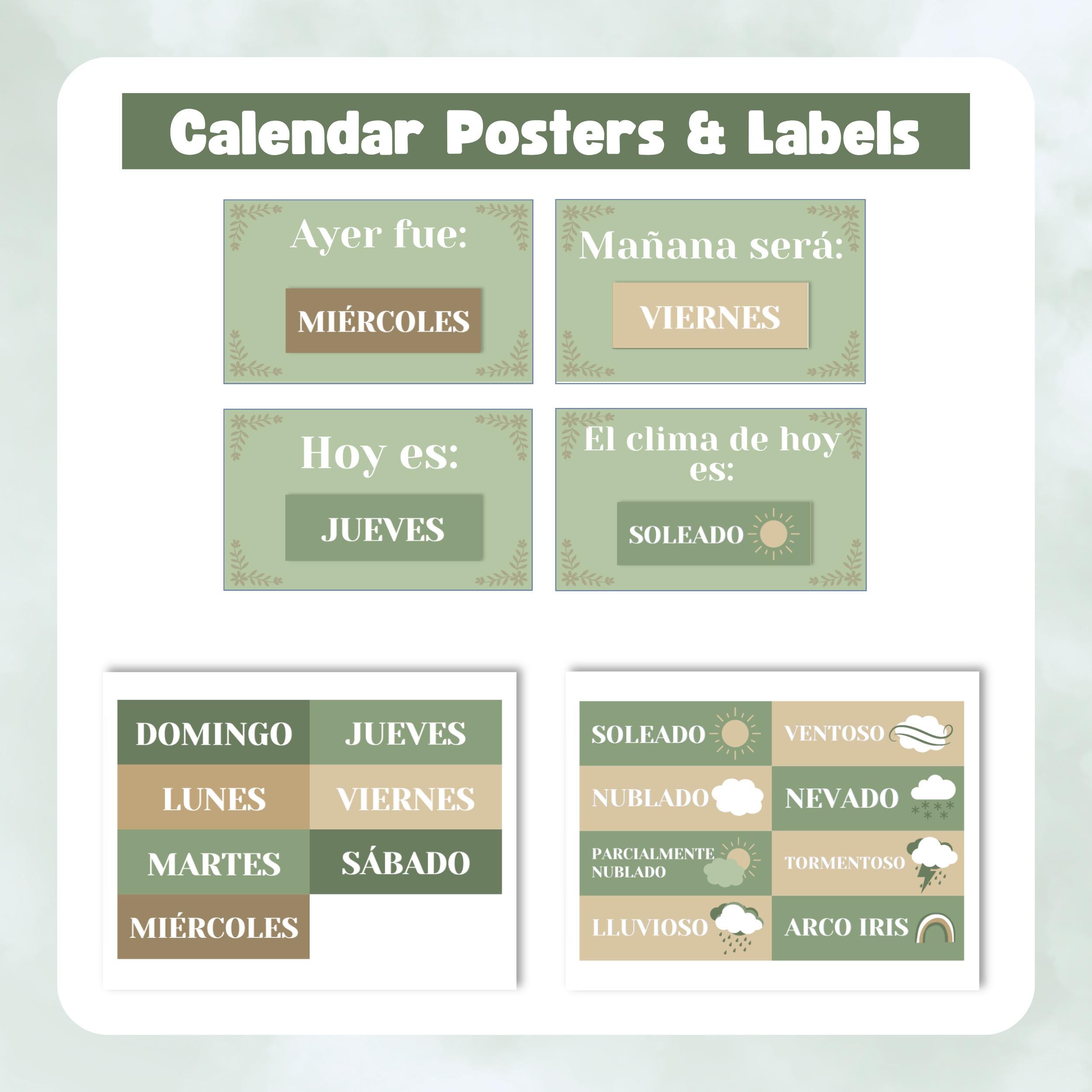 Editable Spanish Classroom Calendar Bundle Cielito Lindo Theme Sage ...