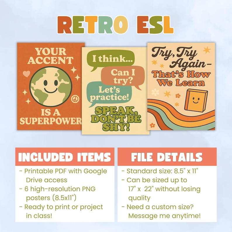 ESL Classroom Decor Groovy Retro Printable Posters for ELL ELD Teachers ...