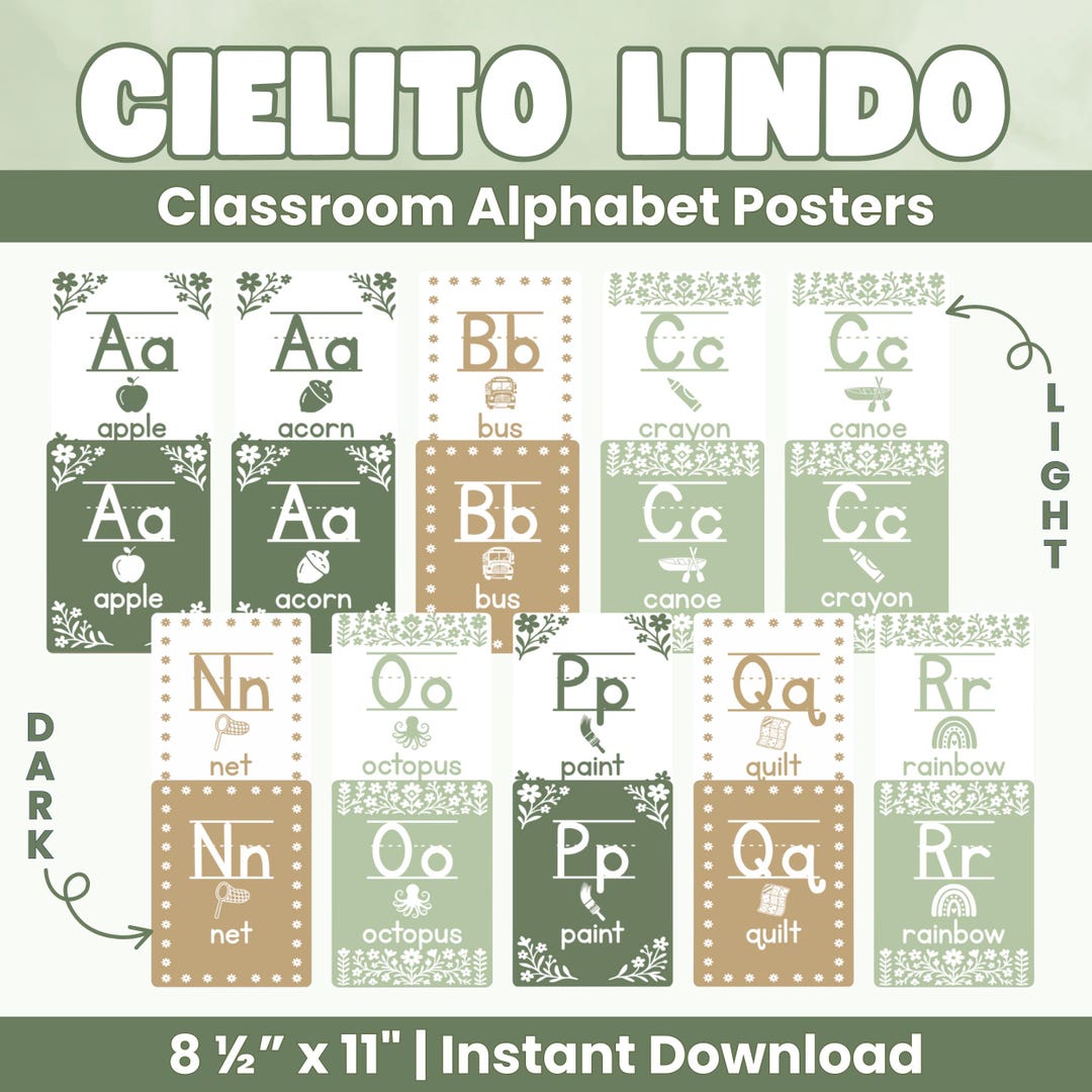Sage Green Cielito Lindo Alphabet Poster Set English Abcs Printable PDF ...
