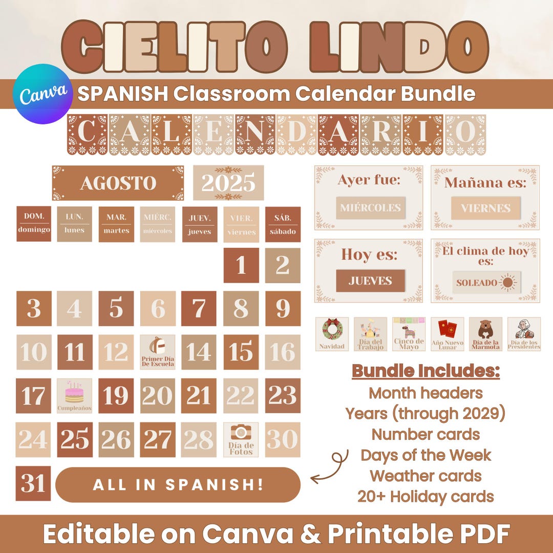 Editable Spanish Classroom Calendar Canva Template Cielito Lindo Decor ...