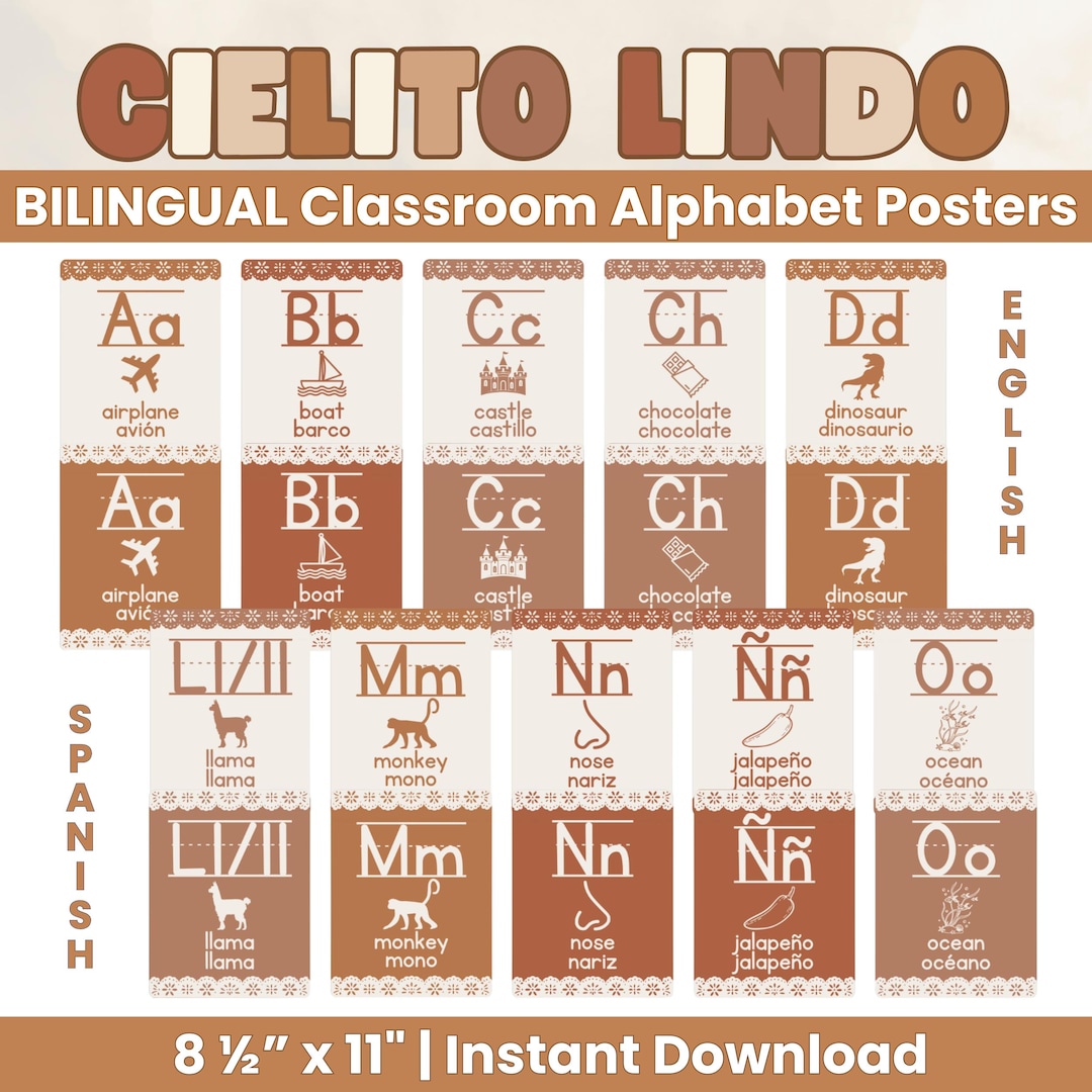 Bilingual Classroom Alphabet Posters PDF Neutral Cielito Lindo Style ...