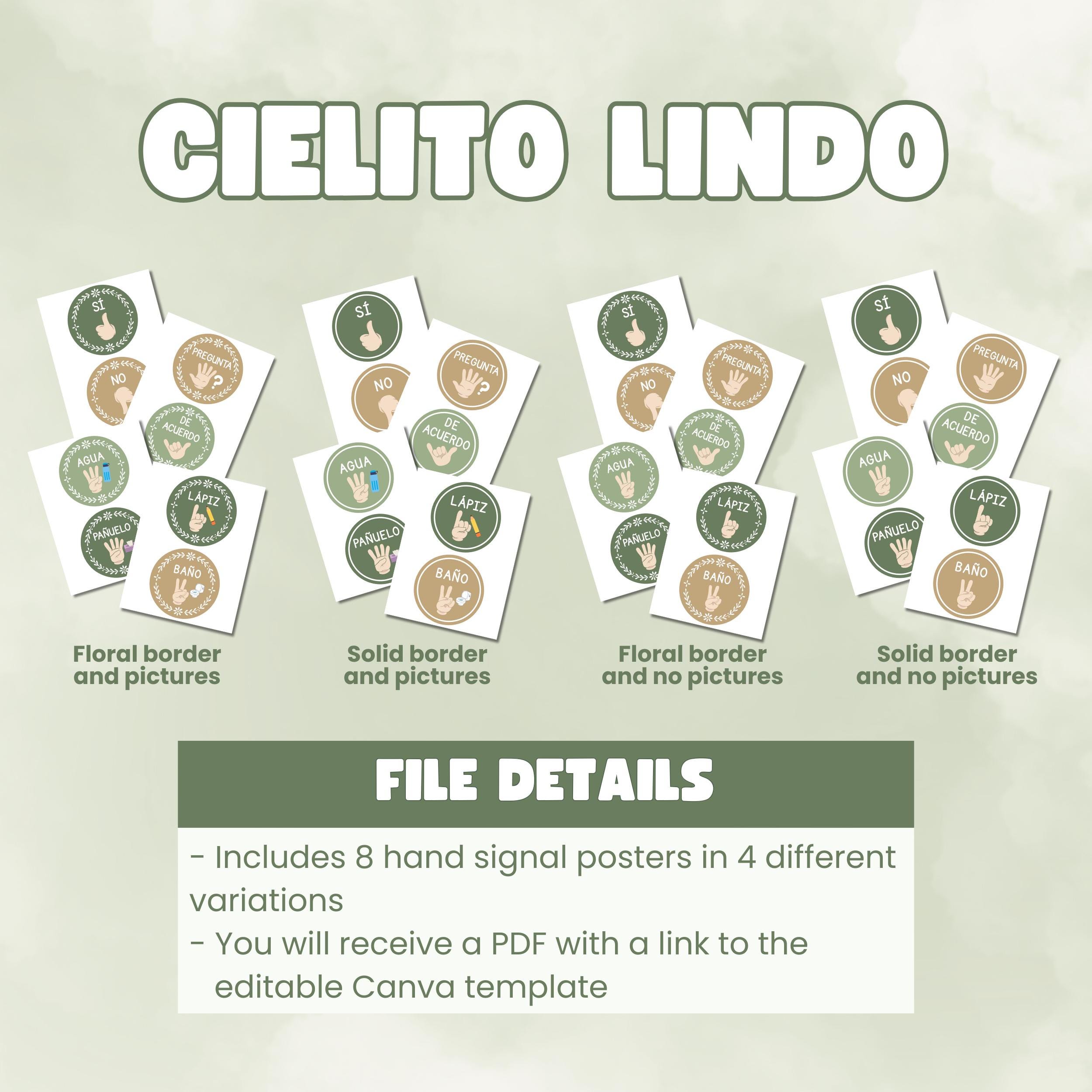 Spanish Classroom Hand Signals Posters Green Cielito Lindo Theme Hand ...