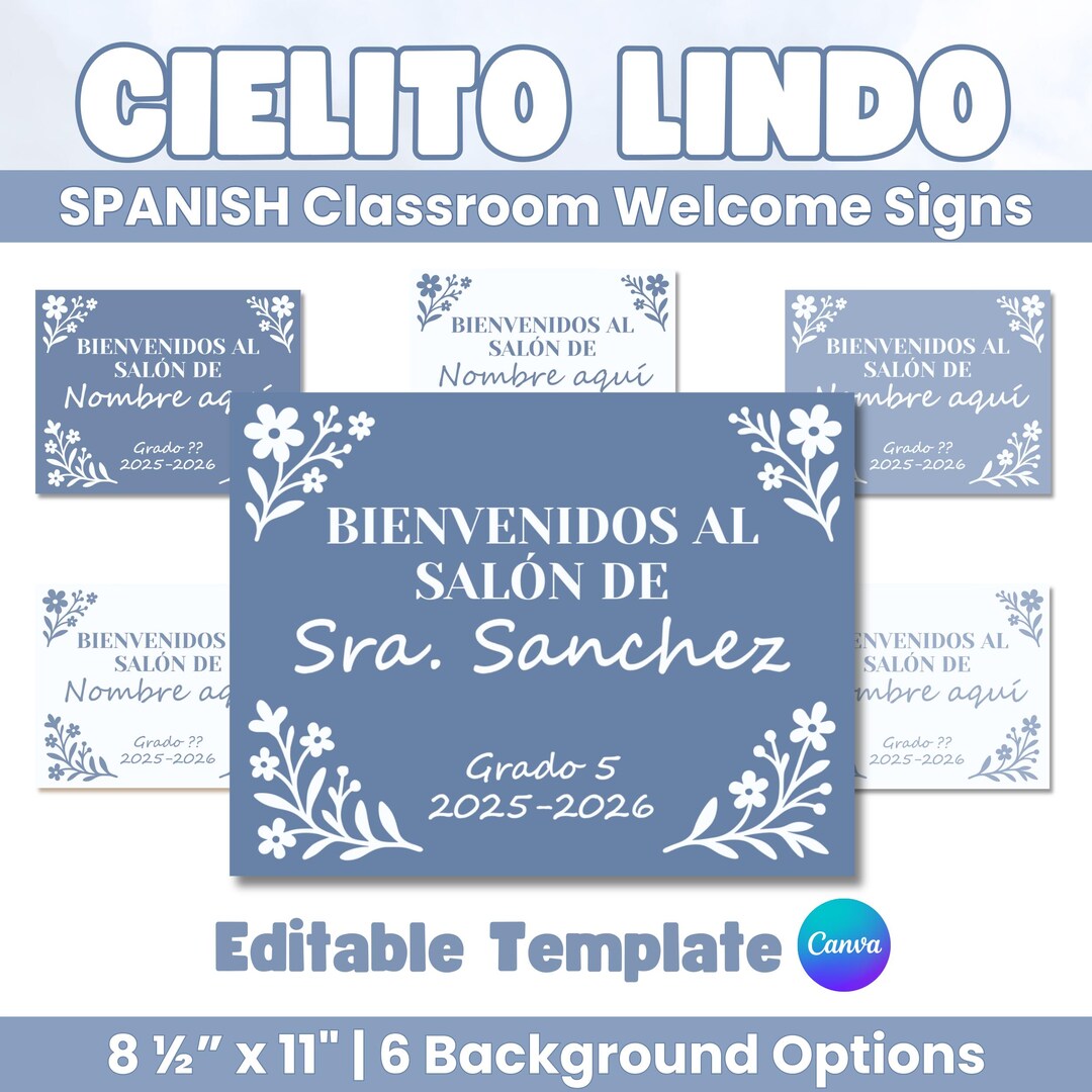 Editable Spanish Classroom Welcome Sign Canva Template Blue Cielito ...