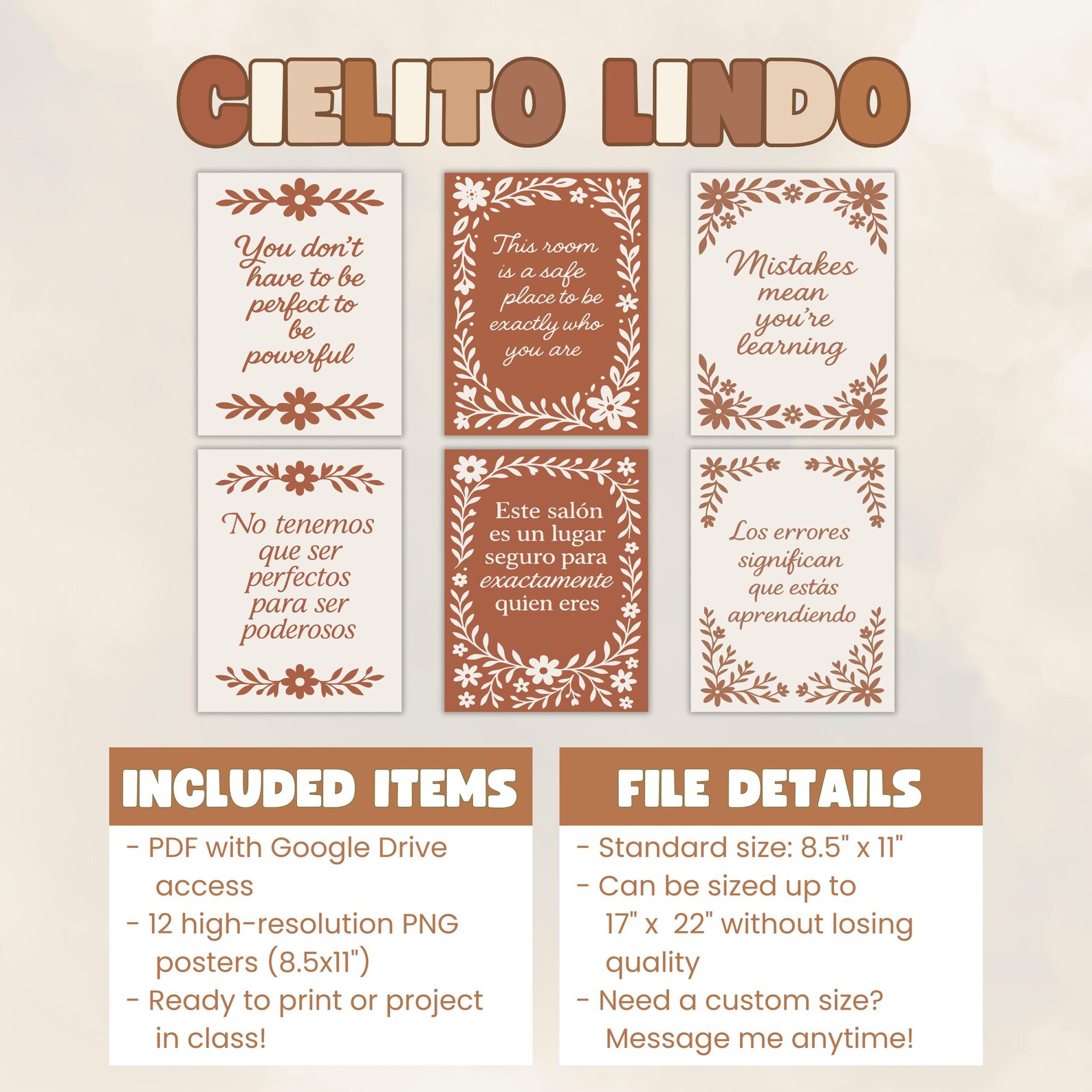 Bilingual Cielito Lindo Classroom Posters Set of 6 Printable Spanish ...
