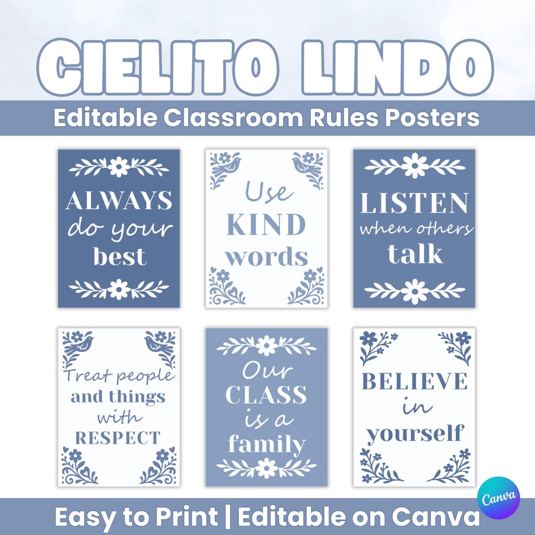 Blue Cielito Lindo Classroom Rules Posters Editable Canva Template Boho ...