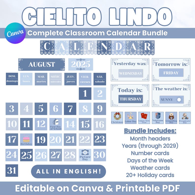 Editable Classroom Calendar Blue Cielito Lindo Theme Canva Template and ...