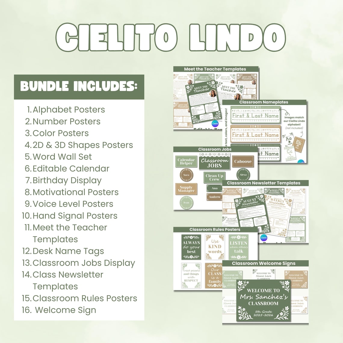 Editable Classroom Decor Bundle Green Cielito Lindo Theme English Only ...
