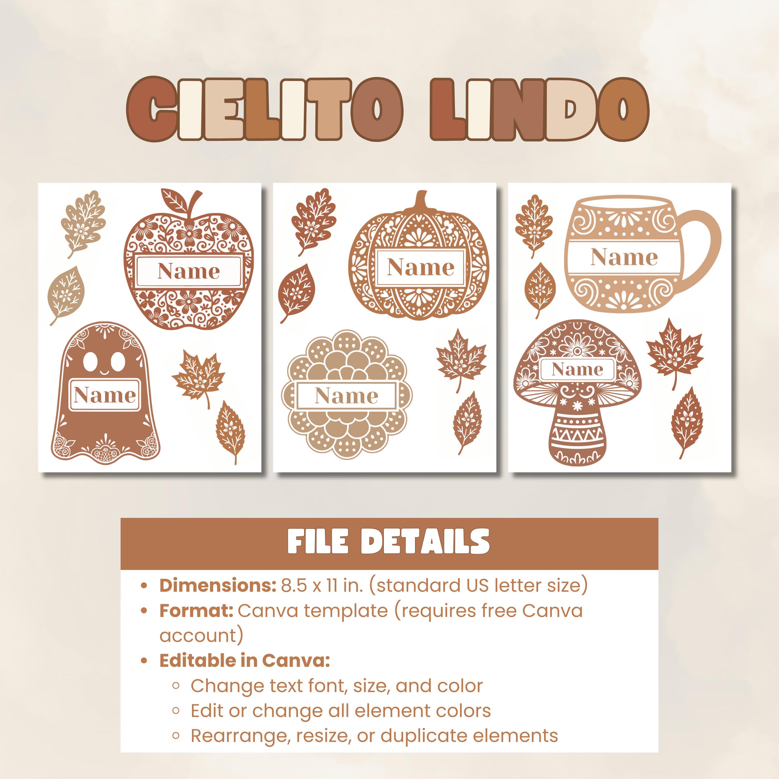 Editable Fall Name Tags Cielito Lindo Talavera Style | Pumpkin Ghost ...