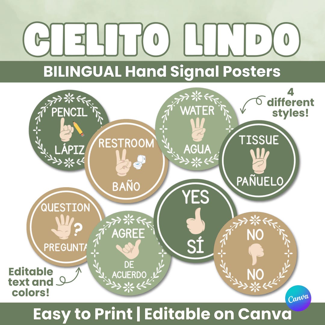 Bilingual Classroom Hand Signal Posters Green Cielito Lindo Theme ...